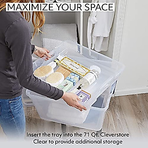 Rubbermaid 71 Qt. Cleverstore Clear Bundle with Tray Inserts, Pack of 4, Clear Plastic Storage Bins with Built-In Handles to Maximize Storage, Great for Large and Small Items