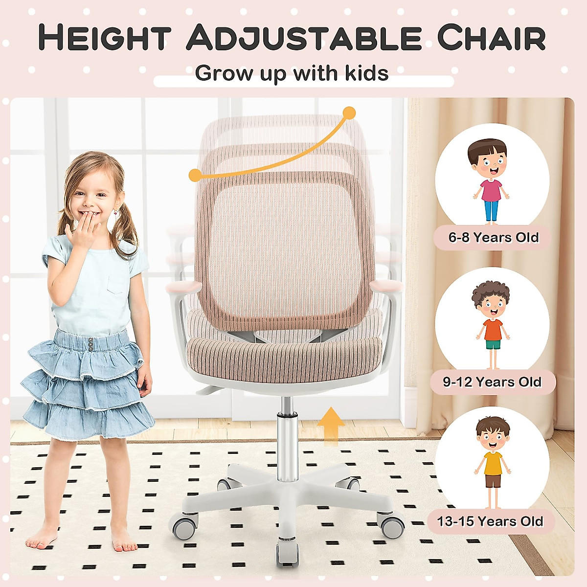 Giantex Kids Desk Chair, Children Armrest Computer Chair with Sit-Lock Wheels, Ergonomic Kids Office Chair with Waterfall Seat, Rolling Swivel Mesh Study Desk Chair for Girls Boys (Pink)