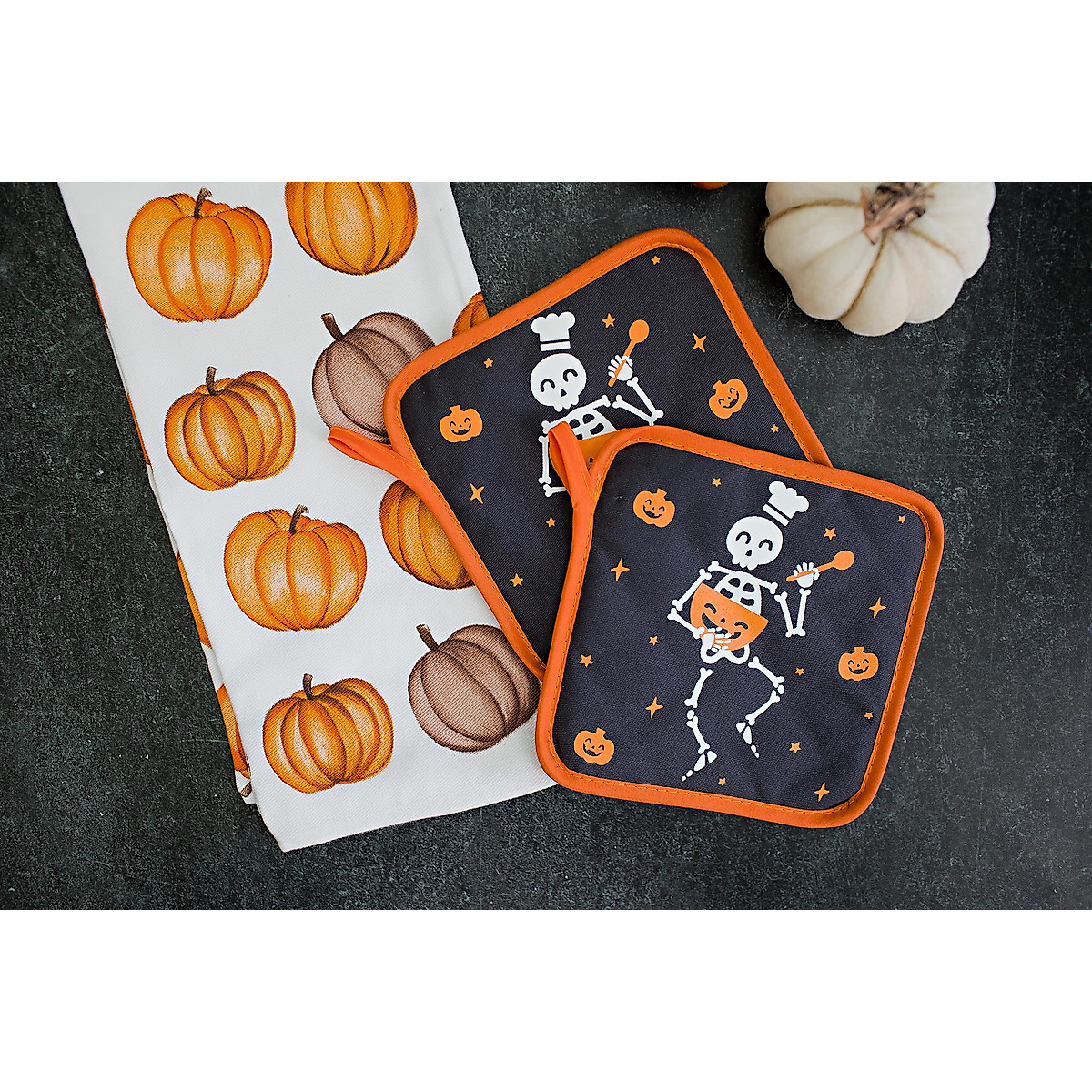 Pearhead Cloth Trivet Set, Bone Appetit Set of 2 Kitchen Trivets, Fall Décor for The Kitchen, Hot Plate Placemat, Fall Kitchen Decorations, Halloween Pot Holders