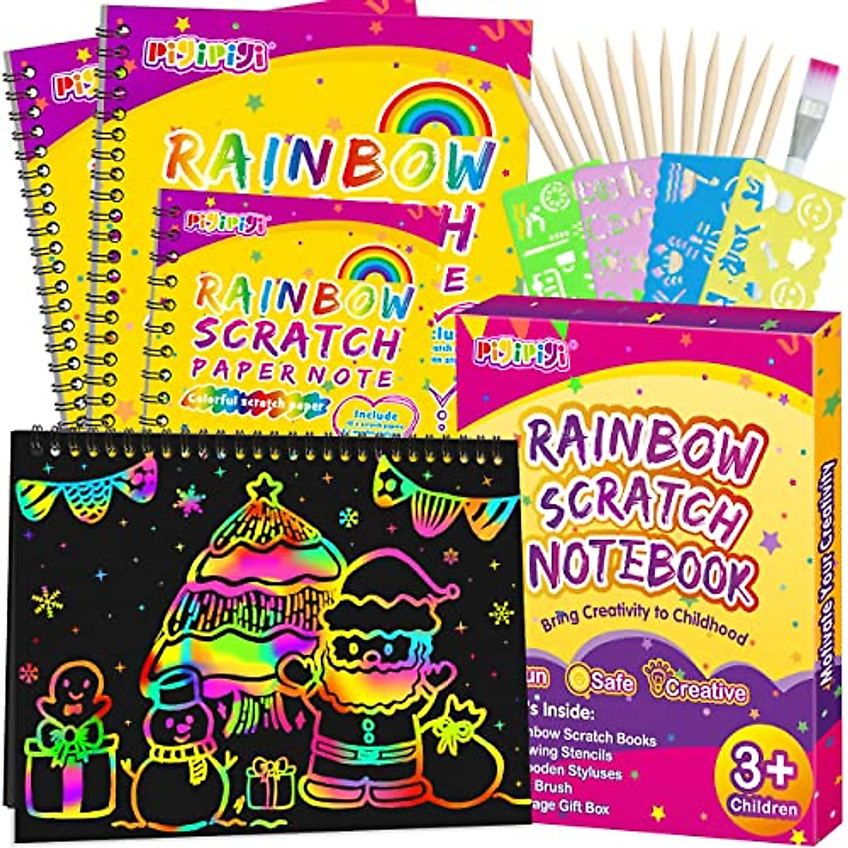 pigipigi Art Craft Gift for Kids - Upgraded Rainbow Scratch Paper Notebook Black Magic Color Drawing Supplies Toy Set for 3-12 Year Old Boys Girls Birthday Party Favor Christmas Easter Activity