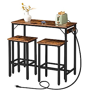 HOOBRO Bar Table Set with Power Outlet, Bar Table and Chairs Set, 3-Piece Pub Table Set, Kitchen Bar Height Table with Stools of 2, for Living Room, Dining Room, Rustic Brown and Black BF45UBT01