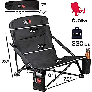 POP The Hot Seat, Heated Lightweight Folding Low Beach Chair, 2 Zipper Pockets, Padded Armrests, Portable with Carry Bag, Perfect for Camping, Beach, Soccer and Lawns. (Battery NOT Included)