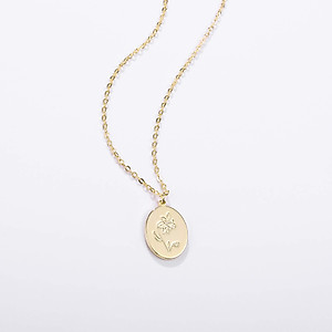 Fremttly Oval Coin Pendant Necklace 12 Month Birth Flower Disc Necklace 14K Real Gold Dainty Personalized Gift -3-Daffodil