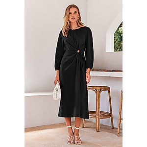 PRETTYGARDEN Women's 2024 Satin Maxi Dress Puff Long Sleeve Crewneck Cutout Casual A-line Long Flowy Dresses (Black,Large)