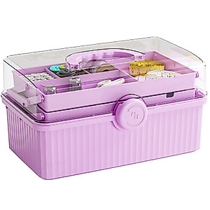 SuoXing 13'' Three-Layer Clear Plastic Storage Box/Tool Box, Multipurpose Organizer and Portable Handled Storage Case for Art Craft and Cosmetic (Purple)
