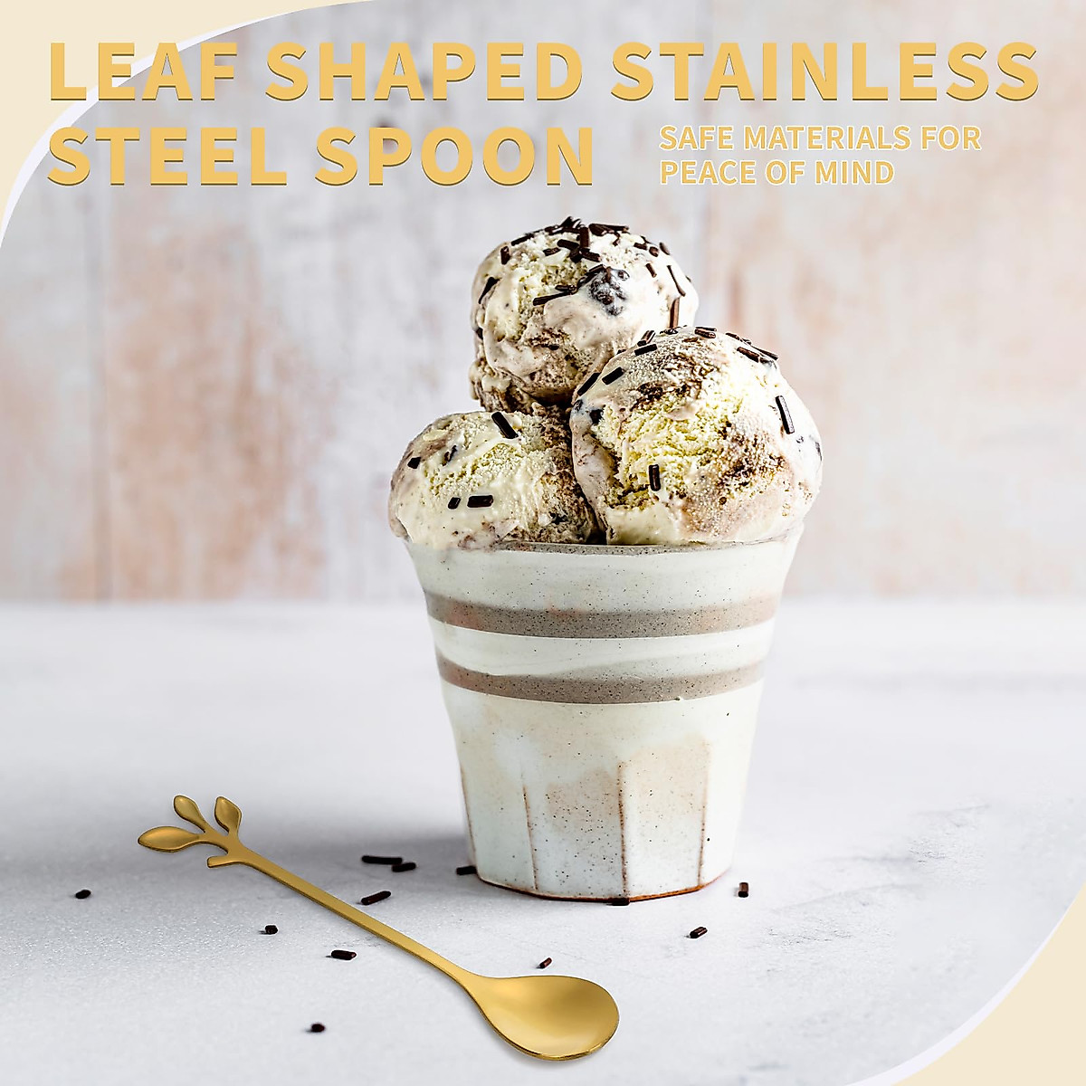 20 Pack Stainless Steel Leaf Coffee Spoon Tableware Dessert Spoons, Stirring, Mixing, Sugar, Stir, Ice Cream, Cake, Teaspoon 4.7 inch Gold