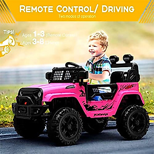 Hetoy Ride on Truck Car 12V Kids Electric Vehicles with Remote Control Spring Suspension, LED Lights, Bluetooth, 2 Speeds