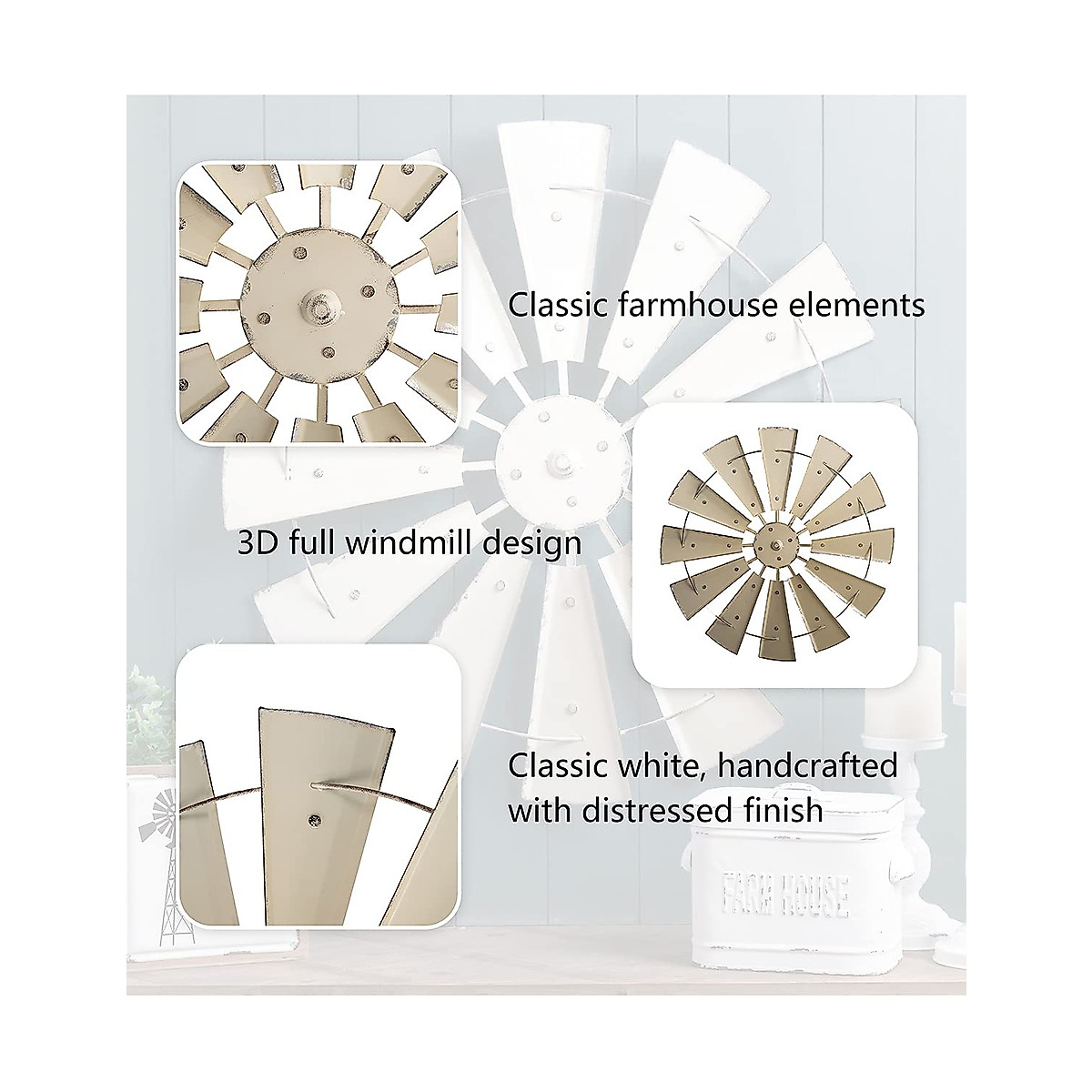 Glitzhome 22" Farmhouse Galvanized Windmill Wall Sculpture Home Decor Rustic Metal Rustic Wall Art Decoration, Silver