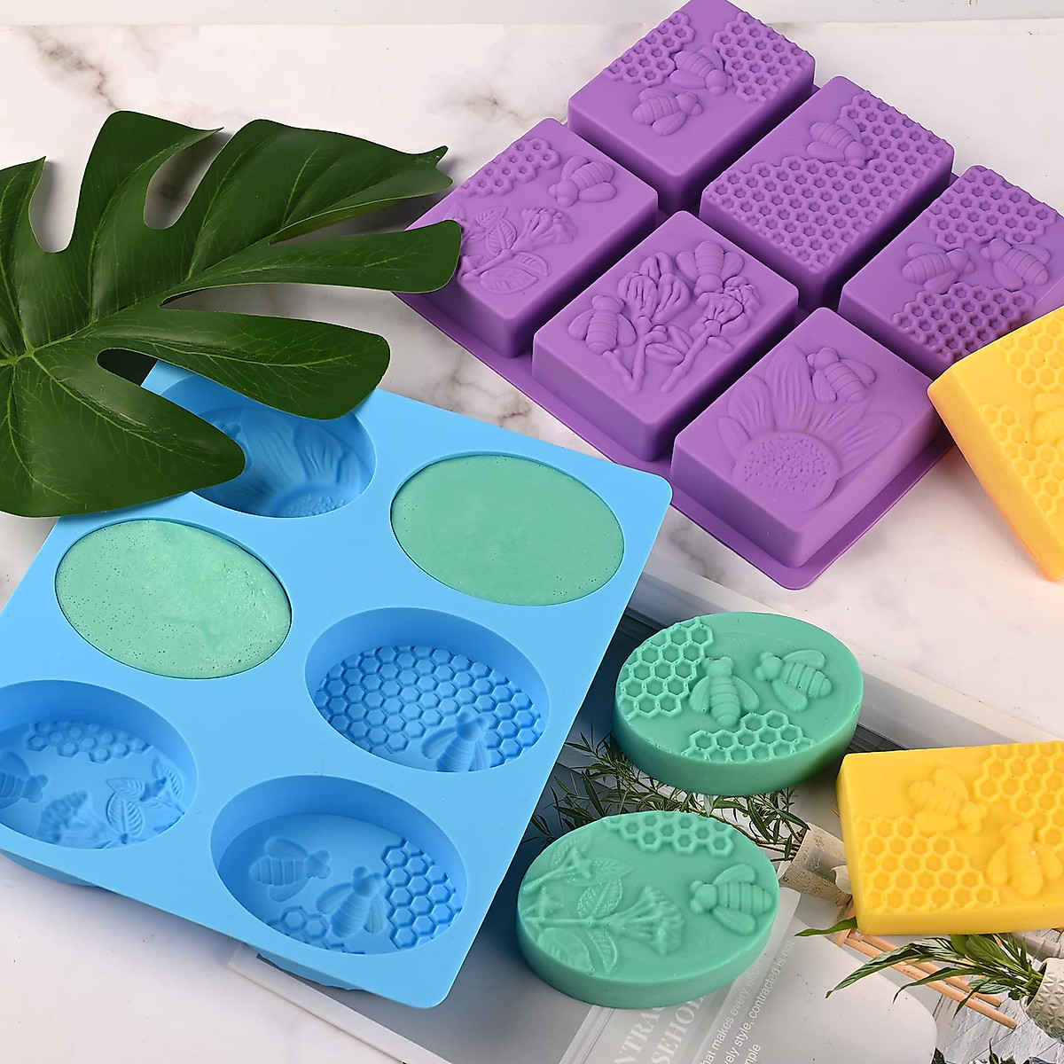 Sakolla 2 Pack 6 Cavity Bee Silicone Soap Molds Rectangle Oval Honeycomb Silicone Molds Loaf Handmade Molds for Soap Making Supplies DIY Wax Melts, Beeswax, Cake Chocolate Bakeware
