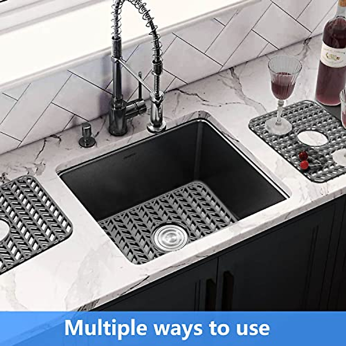 Silicone sink mat protectors for Kitchen 16.4''x 12.5''.JIUBAR Kitchen Sink Protector Grid for Farmhouse Stainless Steel accessory with Center Drain.(Grey)