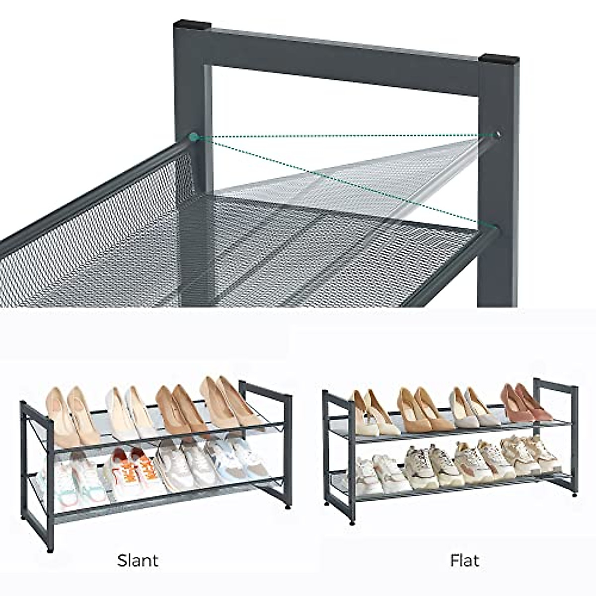 SONGMICS Shoe Rack, 2-Tier Stackable Shoe Storage Shelf, Flat or Angled Shoe Organizer, Metal Shoe Tower Stand for Closet Entryway, Grey 12.1 x 36.4 x 16.5 Inches