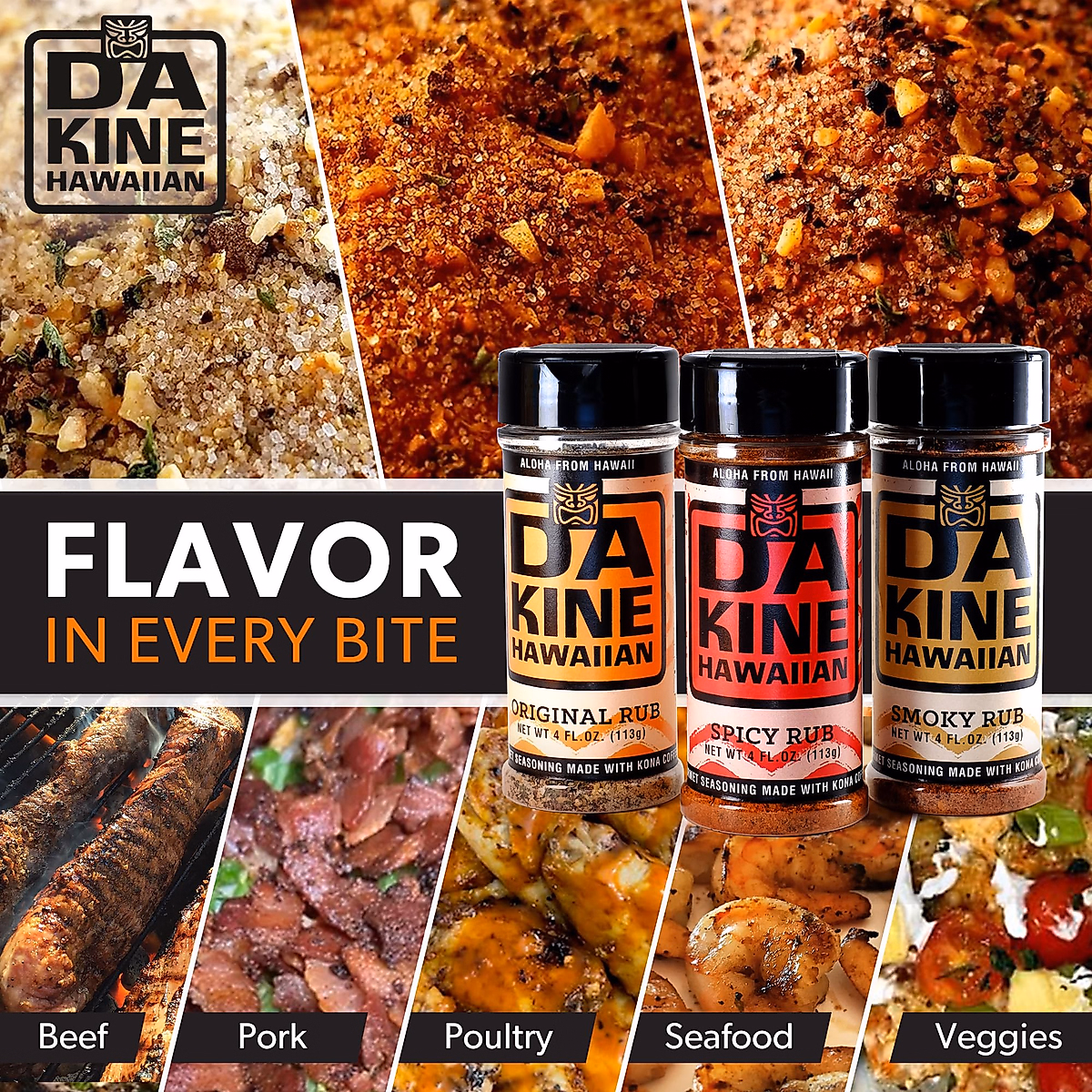 Da Kine Hawaiian Premium BBQ Dry Rub Seasoning Pack - Authentic BBQ Seasoning Blend - Perfect Gourmet Rub Spices for Smoking, Grilling & Cooking, Gluten-Free, Low Sodium, No MSG - Gift Pack (4 Oz. - 3 Pack)
