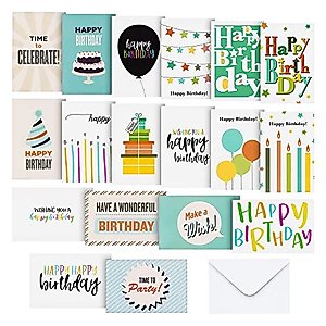 144 Pack Happy Birthday Cards Assortment Bulk Box Set with Envelopes, Blank Inside for Kids, Teens, Workplace (18 Designs, 4 x 6)