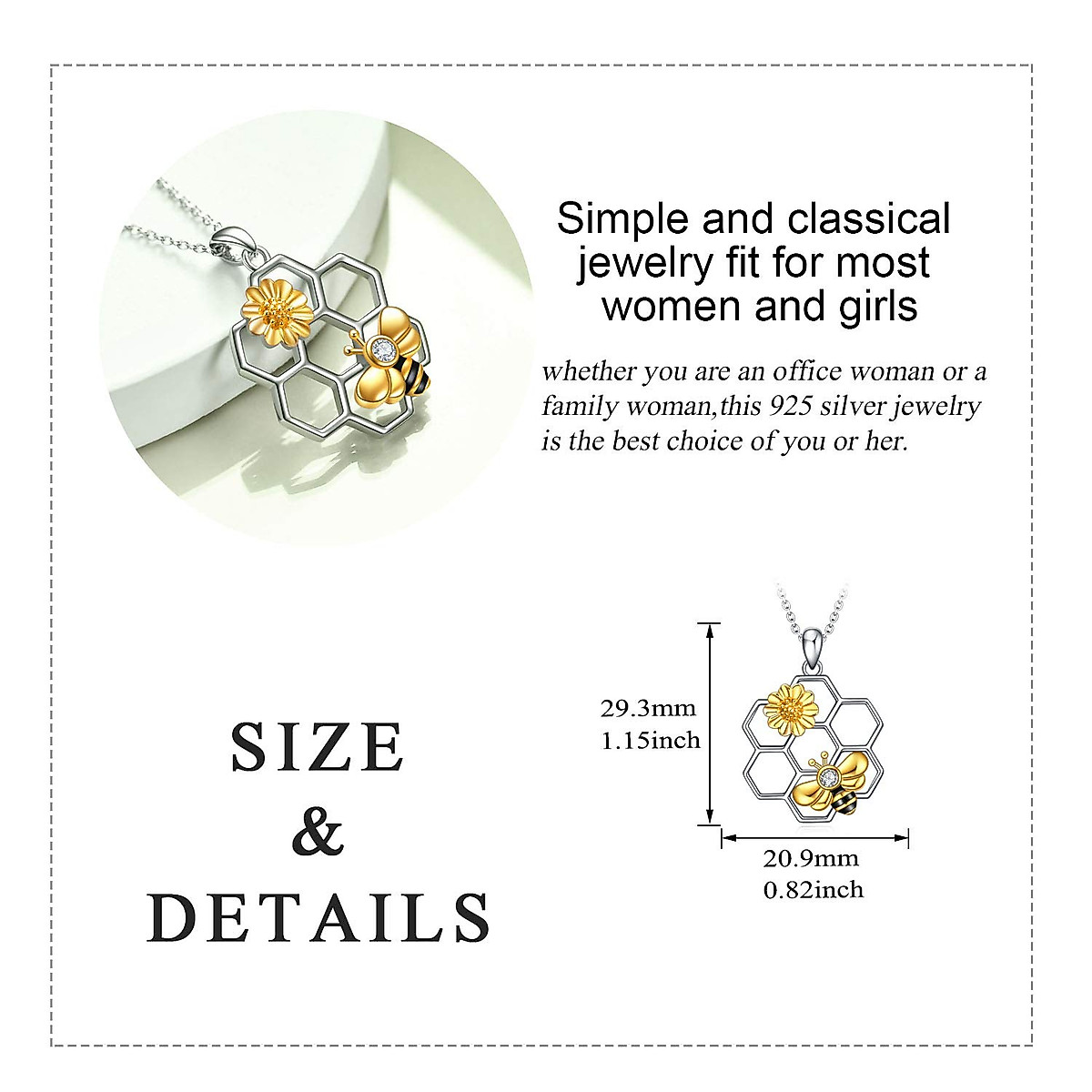 LUHE Bee Necklace 925 Sterling Silver Honeycomb Cute Flower Pendant Necklaces for Women Christmas Gifts for Her (Bee necklace)