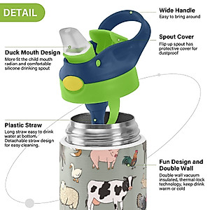 JUMBEAR Farm Animal Water Bottle with Straw Lid, Leakproof Double Walled Vacuum Insulated Stainless Steel Thermo Flask Travel Tumbler for Kids, Boys, Girls