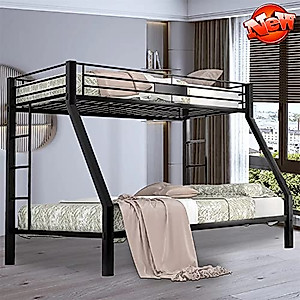 MAANYS Reinforced Version and Stronger Heavy Duty Metal Steel Queen Bunk Bed with Enhanced Ladder and Legs, Thickened Safer Bunk Queen Bed Bunk Bed Frame (Easier Assembly) (Twin XL Over Queen)