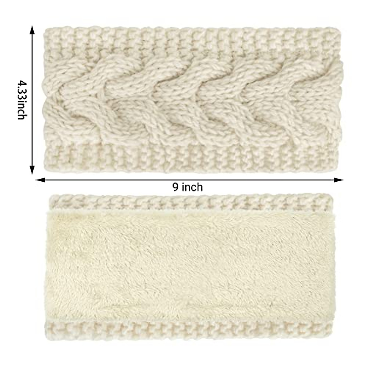 2 Pieces Womens Ear Warmer Headband Cable Knit Winter Headbands Fleece Lined Ear Warmers Stocking Stuffers Gifts,B-Black,Beige