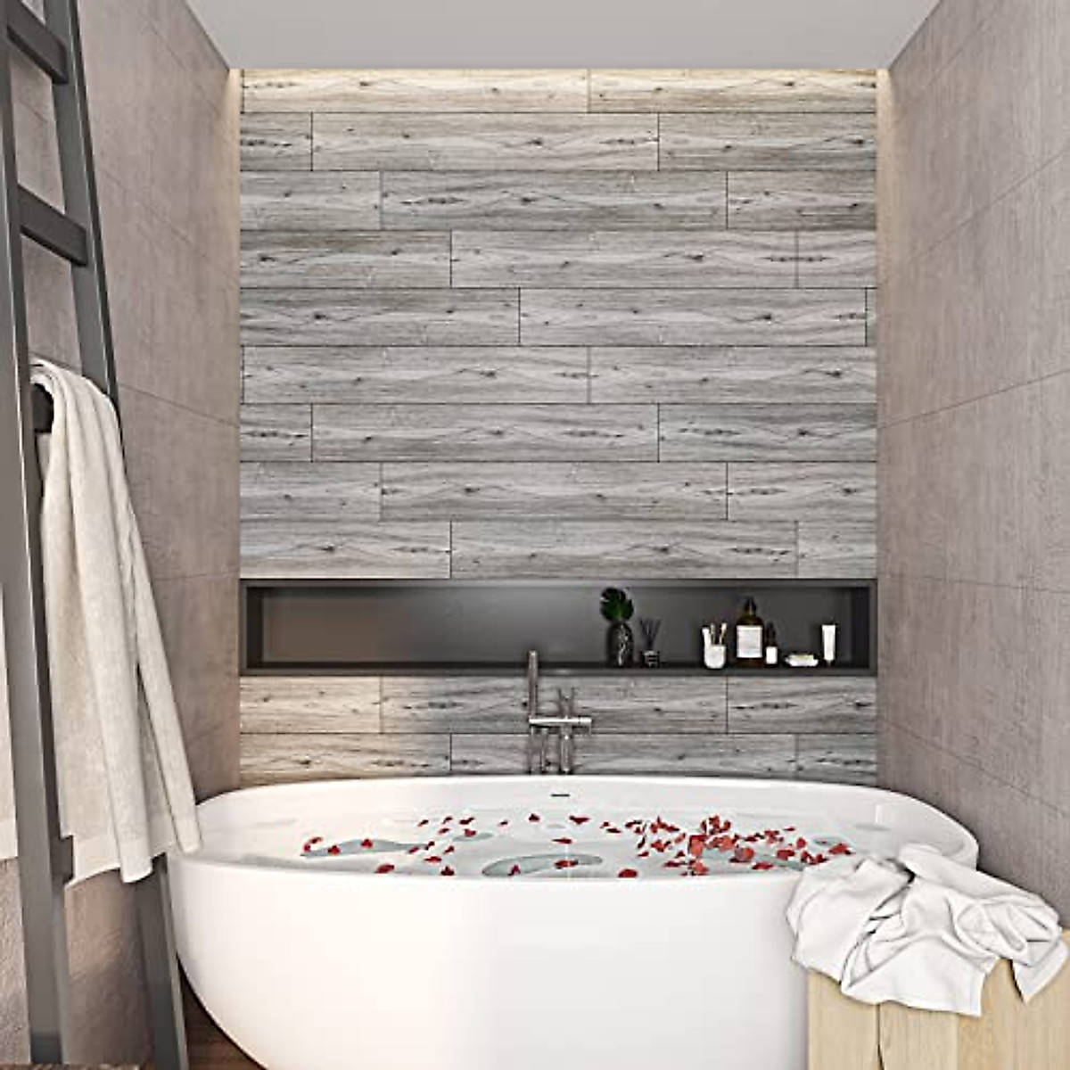 Livelynine 4-Tiles 6X36 Natural Grey Wood Vinyl Flooring Waterproof Peel and Stick Floor Tile Wood Look Vinyl Plank Flooring Removable Laminate Flooring Planks Tiles for Bathroom Kitchen Floors