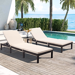 vonGarten Lounge Chairs for Outside, Outdoor Rattan Wicker Chaise Lounge with Cushion, Adjustable Backrest, Ideal for Pool, Patio, Deck, Cream Cushion and Brown Color Wicker