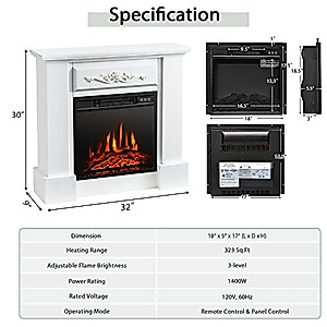 COSTWAY 32 Inch Electric Fireplace with Mantel, 1400W Freestanding Fireplace Heater w/Remote Control & Adjustable 3D Flame Effect, Indoor Fireplace Mantel for Living Room, Bedroom (White)