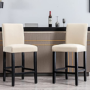 GOTMINSI Classic 24 Inches Counter Height Stools Upholstered Bar Stools with Solid Wood Legs Set of 2(Fabric Beige)