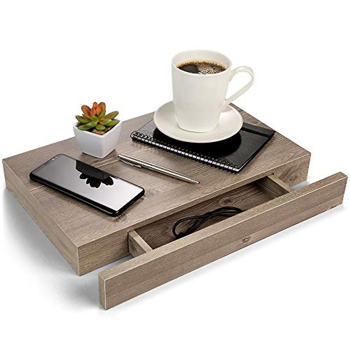 Floating Shelf with Drawer, Floating Nightstand for Bedroom - 16” Wall Shelf, White Floating Shelf with Storage, Floating Shelf for Office Bathroom Kitchen Floating Bedside Table (Grey Wood)