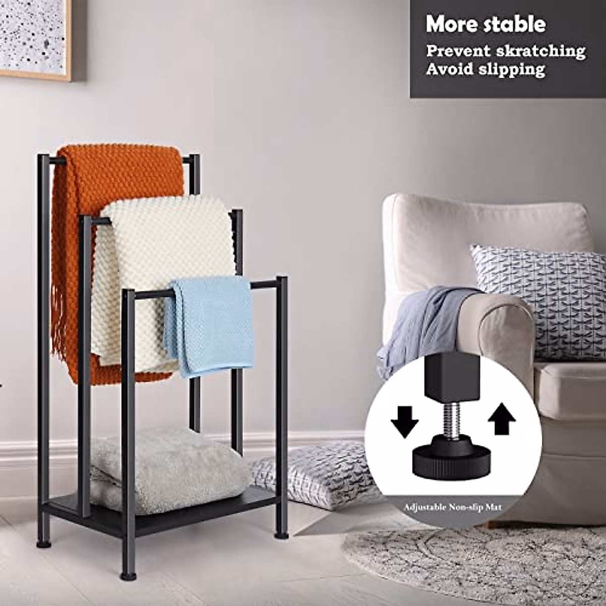 Free Standing Towel Rack, 3 Tier Metal Towel Racks Stand with Modern Black Wooden Storage Shelf, Multipurpose Hand Towel Drying Holder Stand for Bath & Blanket, Washcloths, Tub or Shower Organizer