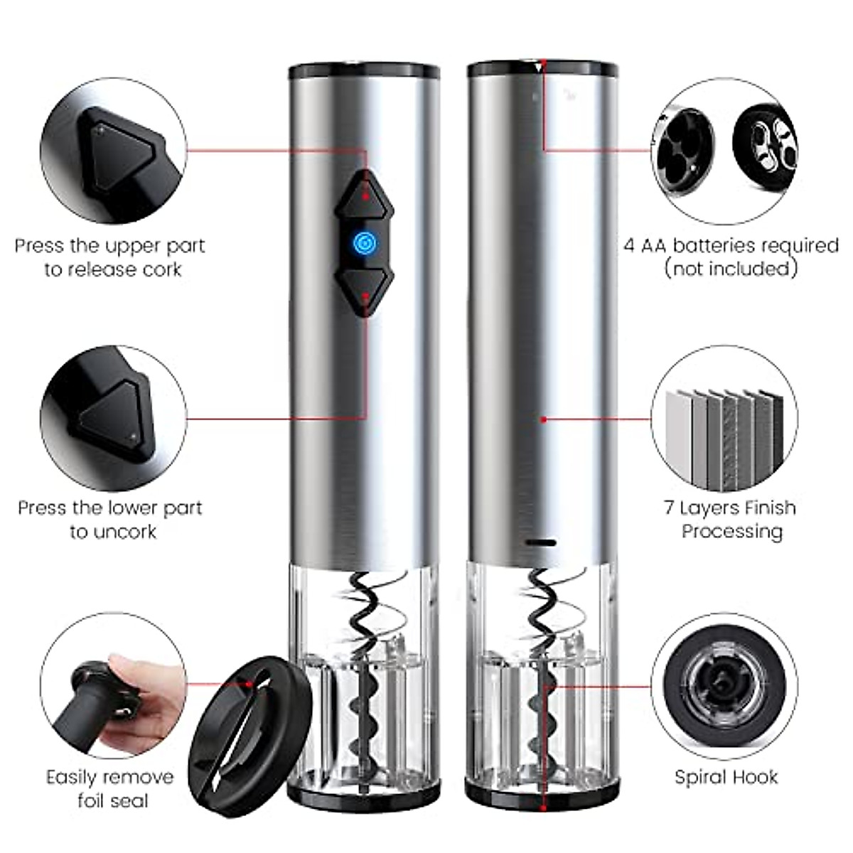 CIRCLE JOY Electric Wine Opener, Battery Wine Opener, Wine Bottle Opener, Electric Corkscrew, Wine Puller, Wine Screwpull, Uncorker, Cork Remover, Stainless Steel