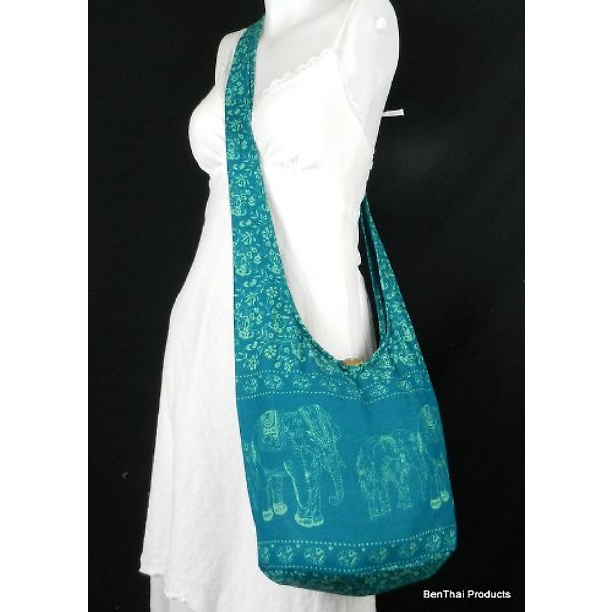BTP! Elephant Sling Crossbody Shoulder Bag Purse Hippie Hobo Thai Cotton Gypsy Bohemian Teal Small ME12