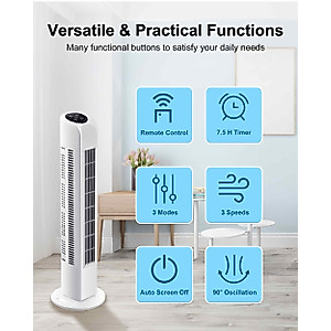 Uthfy Oscillating Bladeless Tower Fan with Remote, Quiet Cooling Portable, Electric Standing Floor Fan with 3 Wind Speeds 3 Modes for Bedroom,Indoor,Office and Home Use, 30", White