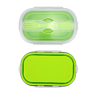 EcoMorning Green Silicone Lunch Container Bento Lunch Box Collapsible Food Storage Container with Airtight Lid and Fork, Ideal For Lunch, Camping, 800ML