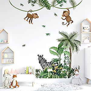 Large Size Tropical Palm Green Leaf Plant Animals Jungle Wall Decals For Kids Room Bedroom Cute Monkey Zebra Giraffe Big Vinyl Self-adhesive Wallpaper Peel and Stick Woodland Forest Kindergarten Decoration Sticker Removable DIY Nursery Mural