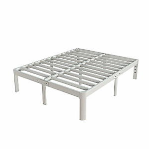 KZZLOL White Bed Frame Queen Size 16 Inch, Metal Queen Bed Frame No Box Spring Needed, Heavy Duty Steel Support 3500 LBS, DIY Headboard, Noiseless, Round Corner Legs, Storage Space, Easy Assembly