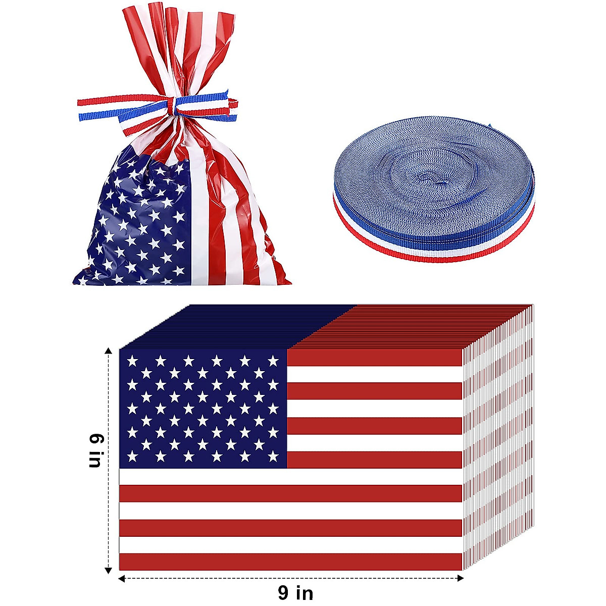 100 Pcs Patriotic Cellophane Treat Bags 4th of July Candy Goodie Bags Memorial Day Independence Day Red White Blue Star Loot Bags with 22 Yards Ribbon 4th of July Party Favor Decor, 6 x 9 Inch