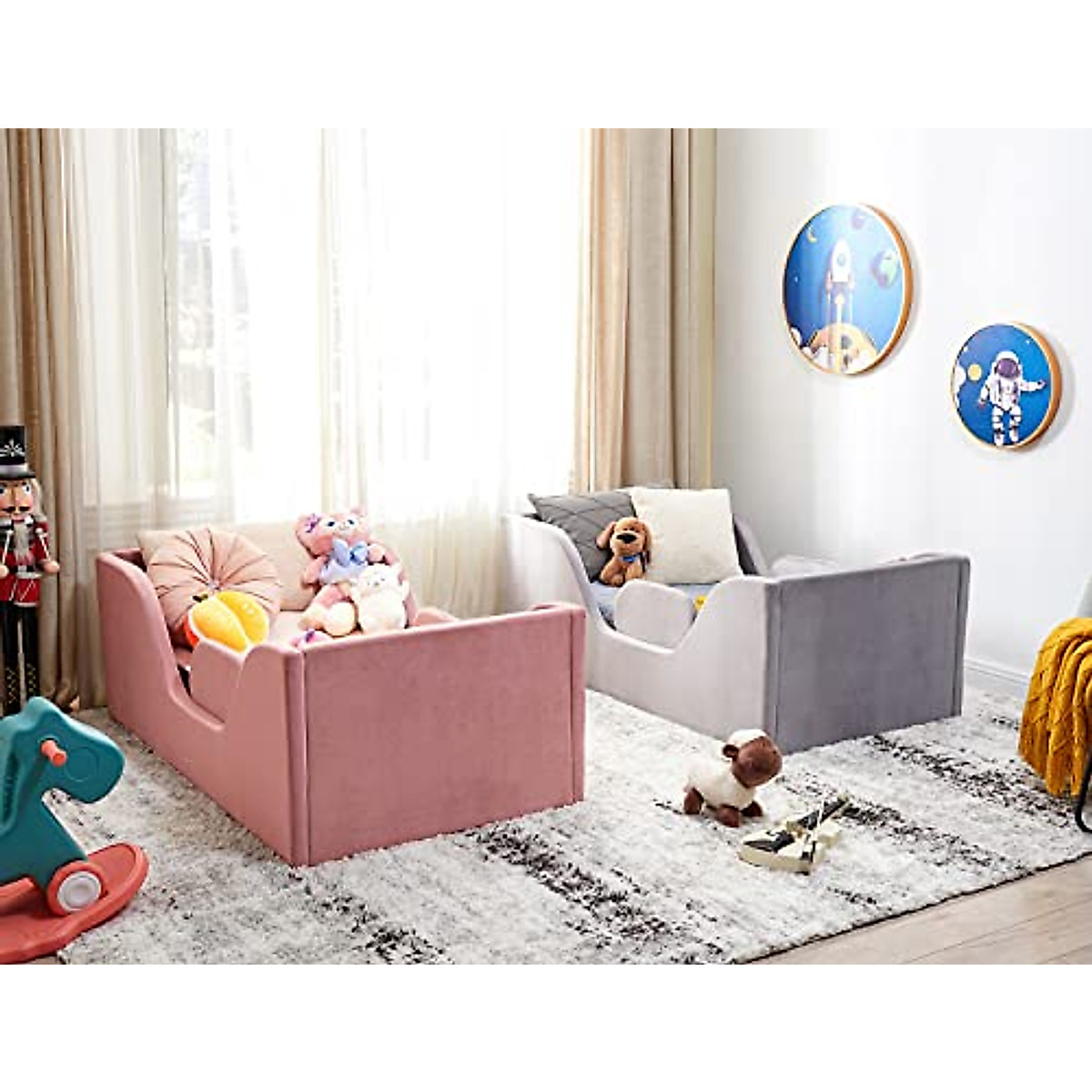 Moogeer Toddler Bed Frame with Removable Safety Rails, Fits Full Size Crib Mattress, Certified Fabric Kids Bed (Gray)