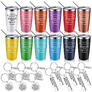 Bokon 12 Pcs Appreciation Gifts Set 20oz Wine Tumbler with Lid Employee Stainless Steel Tumbler Inspirational Keychain Thank You Gifts for Women Men Colleague Coworker Teacher Nurse (Bright Color)