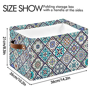 Foldable Storage Basket Blue Tartan Pattern Fabric Collapsible Organizer Basket with PU Handles, Decorative Baskets for Shelves Home Closet Bedroom Living Room - 1 Pack