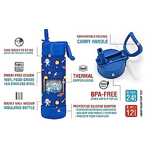 CHILLOUT LIFE 17 oz Kids Insulated Water Bottle for School with Straw Lid Leakproof and Cute Waterproof Stickers, Personalized Stainless Steel Thermos Flask Metal Water Bottle, Blue Space