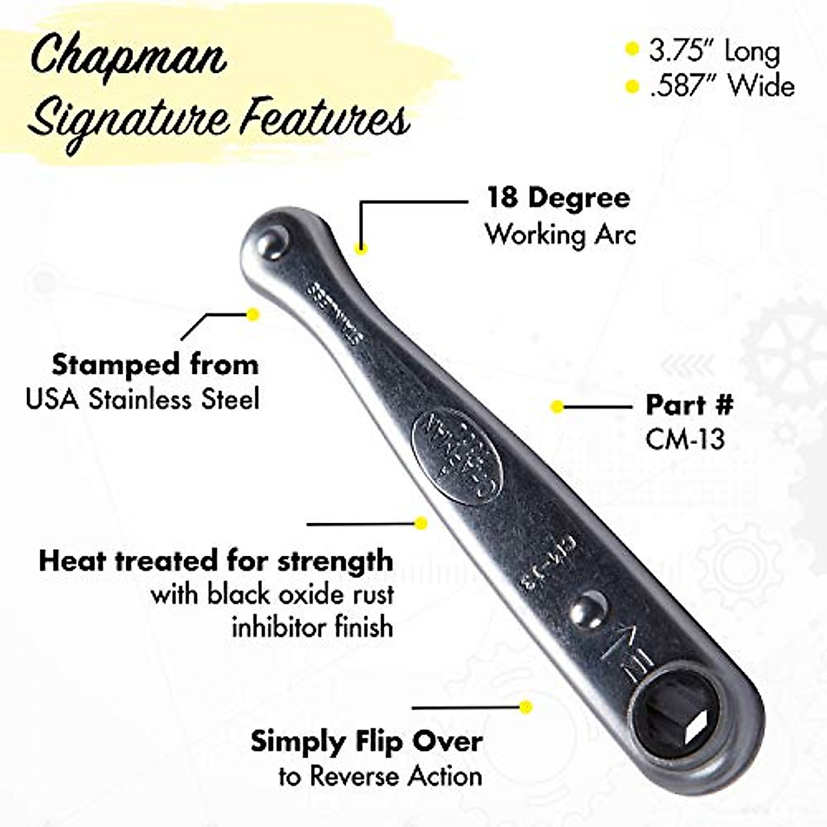 Chapman MFG CM-13 Mini Ratchet, 1/4" Drive, USA Made Stainless Steel Ratchet with 20 Tooth Gear & 18 Degree Working Arc