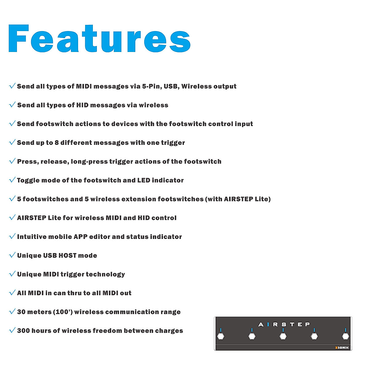 XSONIC Airstep Smart Multi Controller with MIDI, HID, 5 Footswitch, 2 Expression Pedal In, 300H Playtime, Support HX Stomp, Quad Cortex, DAW, Plugin, Youtube Video, Page, Atem, Hands Free Controller