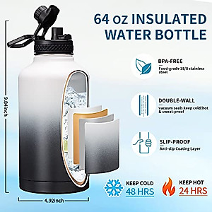 Half Gallon Water-Bottle with straw - 64oz Vacuum Insulated Water Bottles with Paracord Handle, Straw Spout Lids, Water Bottle Carrier Holder, Protective Cup Mat, 2 Liter Stainless Steel Water Jug