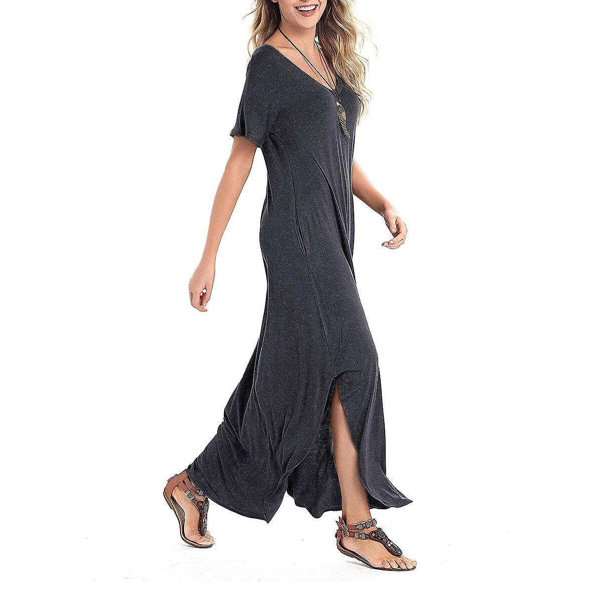 Arolina Women's Summer Maxi Dress Short Sleeve V Neck Casual Loose Long Beach Split Dresses with Pockets Dark Grey