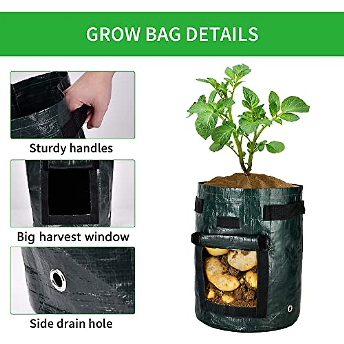 iPower 3-Pack 10-Gallon Potato Grow Bags Garden Waterproof Reusable Vegetable Plant Pots Container with Handle, Access Flap and Large Harvest Window, 10 Gallon, for Tomato, Carrot, Fruits