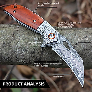 Tusonac Hunting Folding Knife with Leather Sheath, Protable Pocket Knife for Men, Handmade Forged VG10 Damascus Steel Knife with Engraved Steel Bolster, For Camping, Hiking and Daily