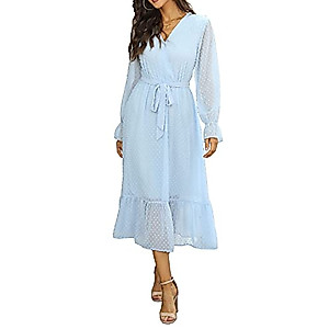 BTFBM Women's Casual Party Summer Fall Dresses 2023 Long Sleeve Wrap V Neck Swiss Dot Swing A-Line Maxi Dress with Belt(Swiss Dot Light Blue, Small)