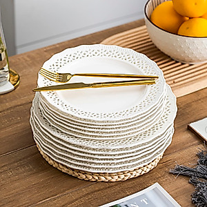 Magclay Ceramic Dinner Plates, Set of 6, 10.6 Inch Round Carved Plate, Scratch Resistant, Modern Dinnerware Dishes Set for Steak, Pasta, Party (White)