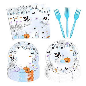 96Pcs Boy Halloween Baby Shower Party Supplies A Little Boo Birthday Tableware Set 9"& 7" Blue Ghost Spooktacular Paper Plates Napkins Forks Spoons for Halloween Party Decoration Serve 24 Guests