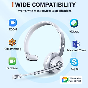 Bluetooth Headset, Wireless Headset with Microphone Noise Cancelling & USB Dongle, Hands Free Office Headset with Mic Mute, Single Ear Bluetooth Headsets for Work/PC/Truck Drivers-White Silver