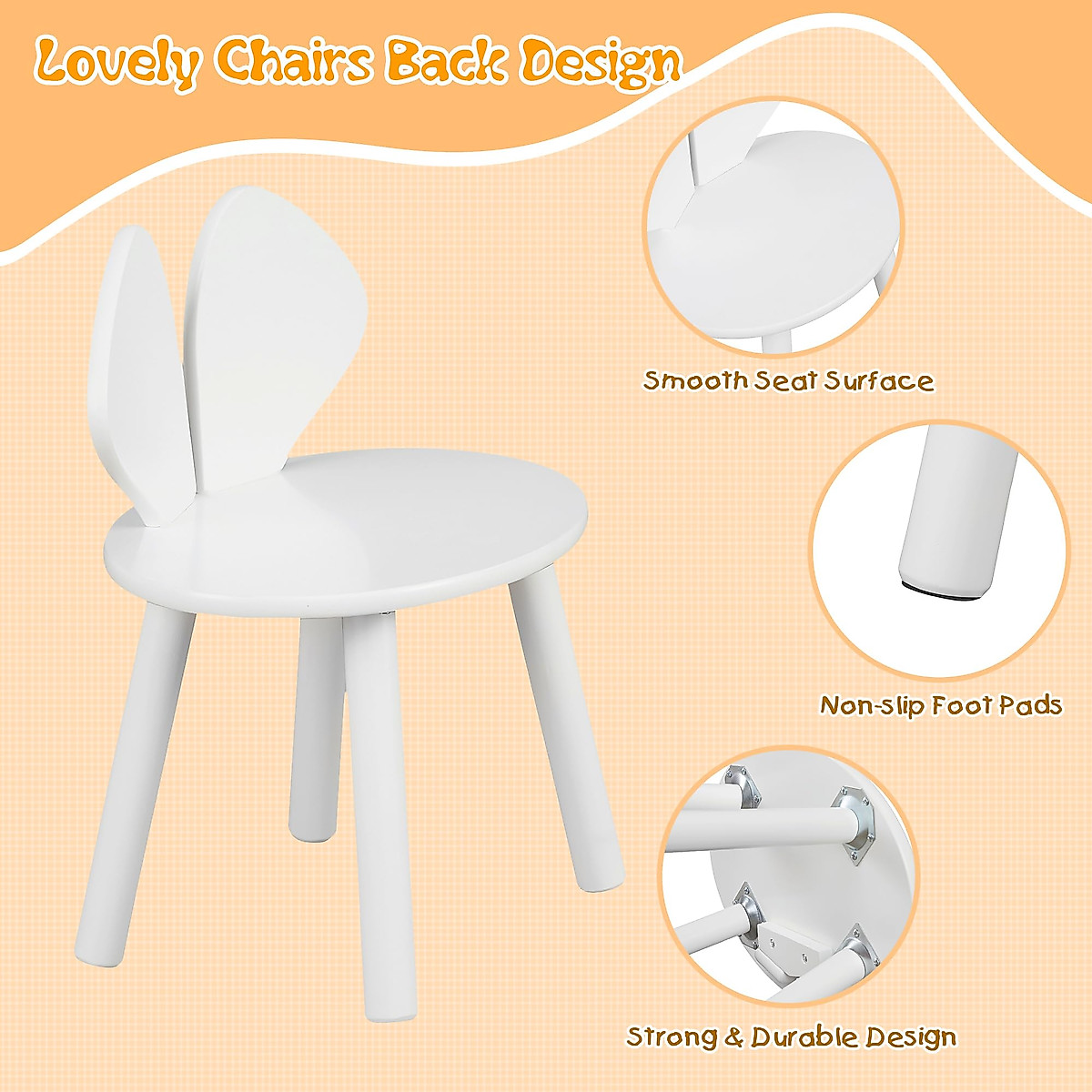 VECELO Kids Table and Chairs Set, Oval Tabletop and 2 Rabbit Chairs for Toddler Playing, Activity, White