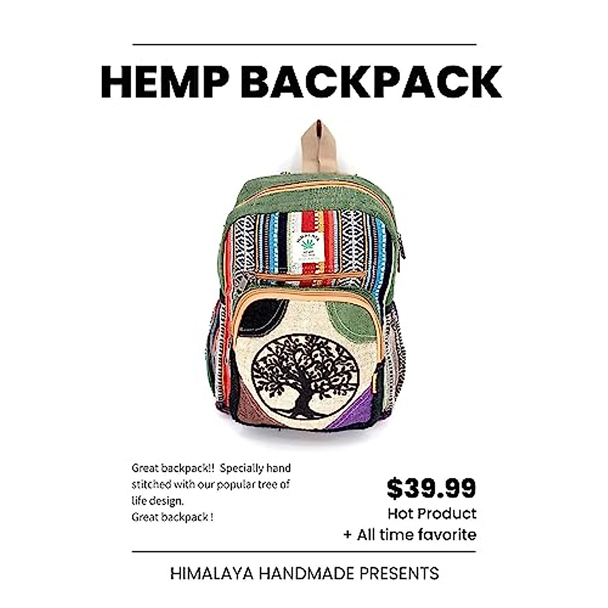 Unique design Tree of Life print Himalaya Hemp Hippie Backpack Festival Backpack FAIR TRADE Handmade with Love. (GREEN)